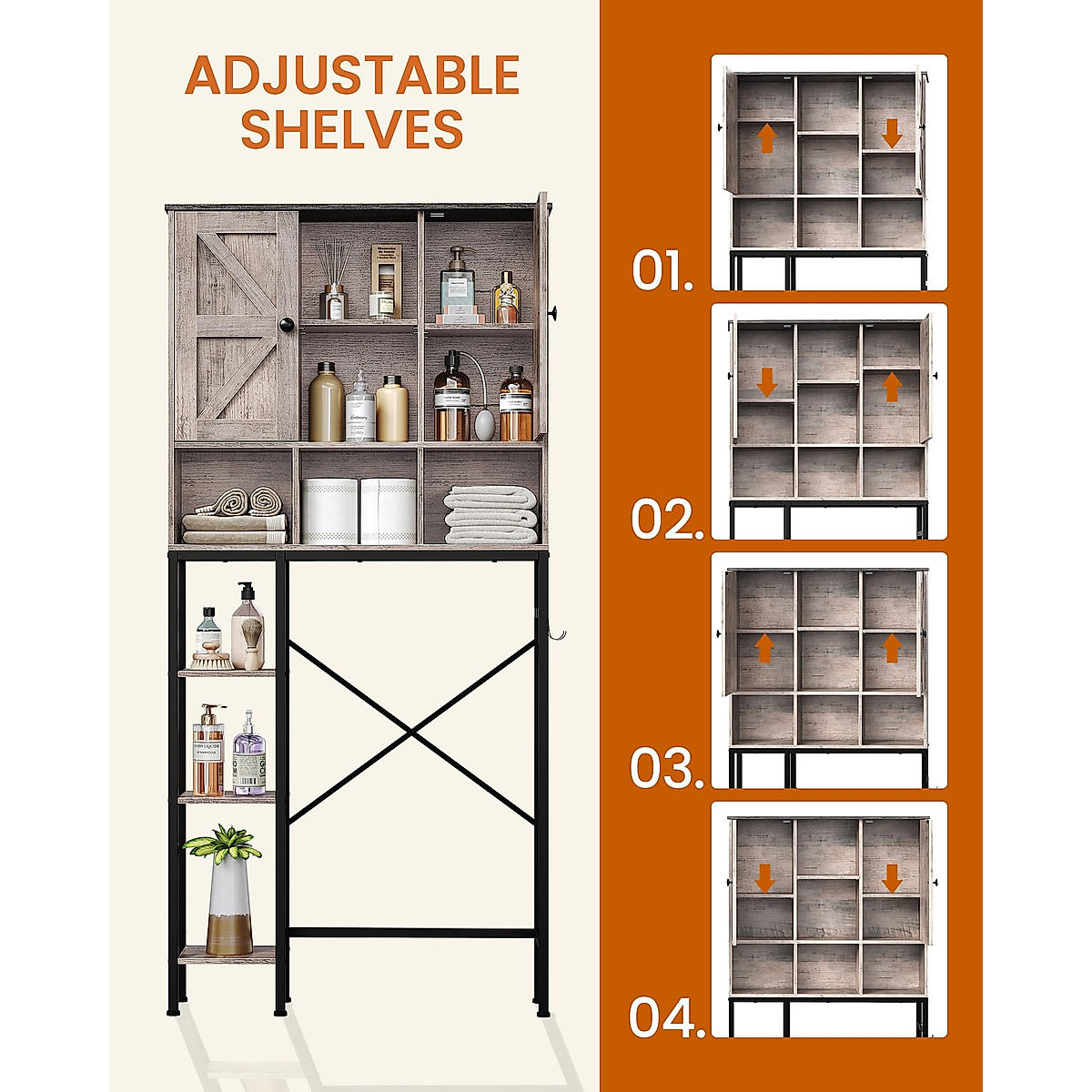 CHOEZON Over The Toilet Storage, Farmhouse Bathroom Storage Cabinet, Over Toilet Shelf with Storage Cabinet, Bathroom Organizer with Hooks, for Bathroom, Restroom, Charcoal Gray and Black TTS01HC