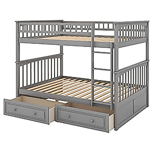 Full Over Full Bunk Bed with 2 Storage Drawers, Wooden Bunk Bed Frame with Guardrails and Ladders for Kids Teens Adults, Can be Convertible into 2 Beds (Bunk Beds Full Over Full, Gray)