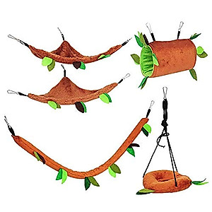 Aulufft Hamster Hammock, 5Pcs Hamster Sleeping Nest Hanging Tunnel and Swing for Sugar Glider Squirrel Playing Sleeping,Sugar Glider Toys Hamster Swing,Jungle Set Plush Warm Beds for Animal