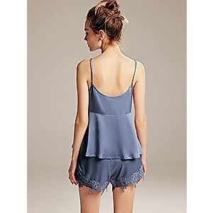 AW BRIDAL Womens Pjs Sets Silk Bride Bridesmaid Pajamas Lace Satin Short Pajama Set for Women Sexy Lingerie for Wedding Bridal Party, Dusty Blue XL