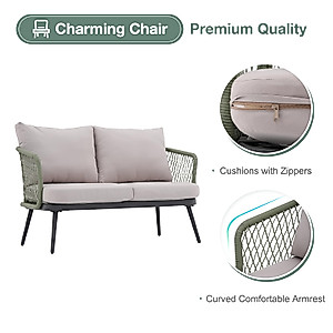 OC Orange-Casual Patio Furniture Loveseat with Thick Cushions,Outdoor Wicker Double Chair Conversation Sofa for Backyard,Garden, Green Wicker