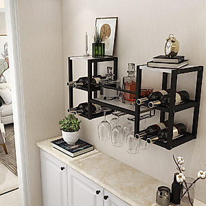 GiftGo Industrial Brown Wall Mounted Wine Rack with 3 Steam Glass Holder Partial Wood Shelf Black Metal Bottle Holder Multi Functional Wine Storage Display Rack for Home Bar Dining Room Kitchen