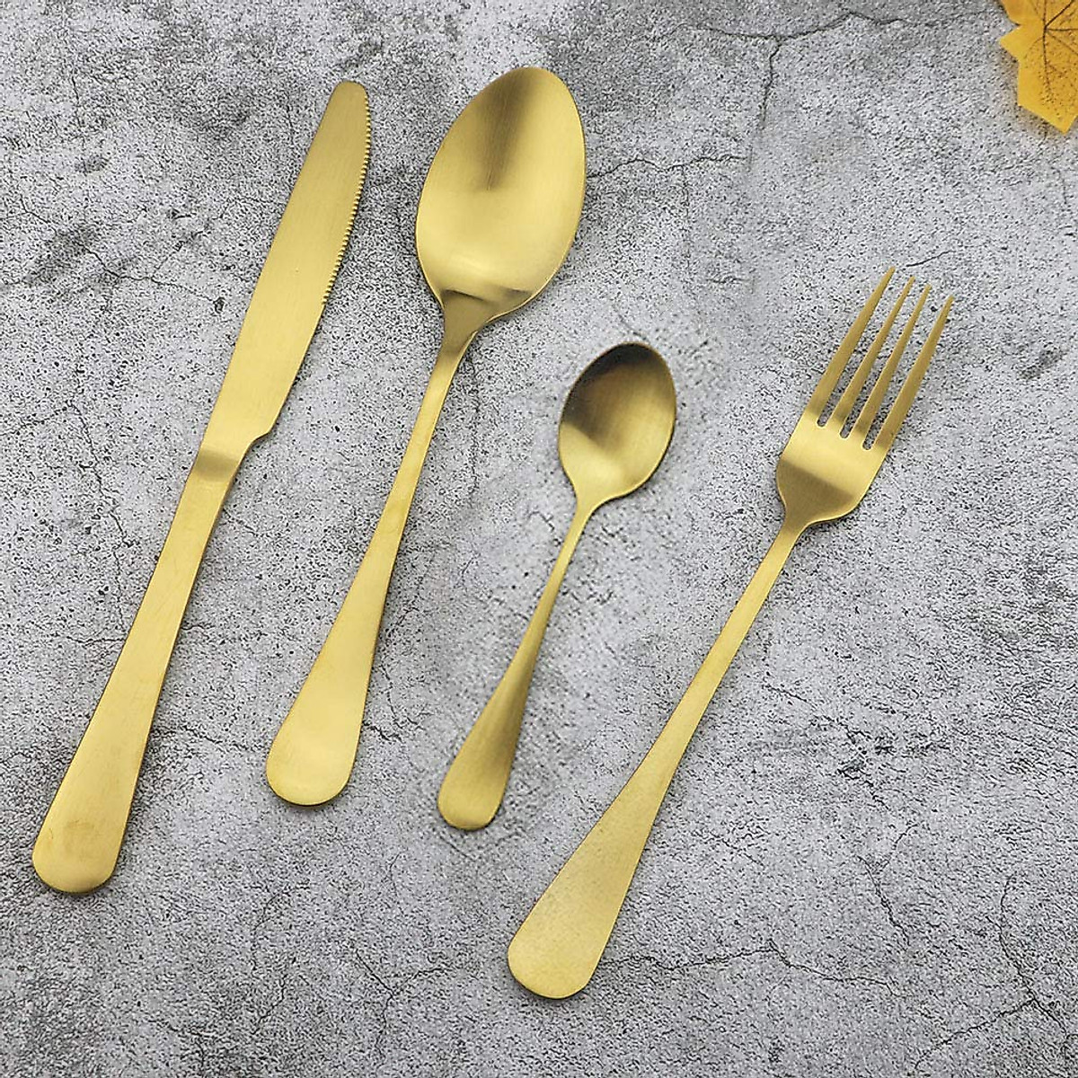 JASHII Matte Gold Silverware Set, 24-Piece Stainless Steel Flatware Set, Kitchen Utensil Set Service for 6, Tableware Cutlery Set for Home and Restaurant, Dishwasher Safe (Gold full)