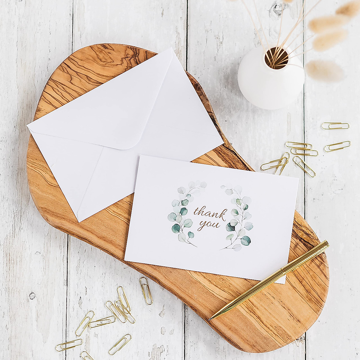 Ellen J Creations Floral Eucalyptus Wedding Thank You Cards, Pack of 48, 4x6, Blank, Smudge-Free, Heavyweight Cardstock, Gold Foil, Envelopes