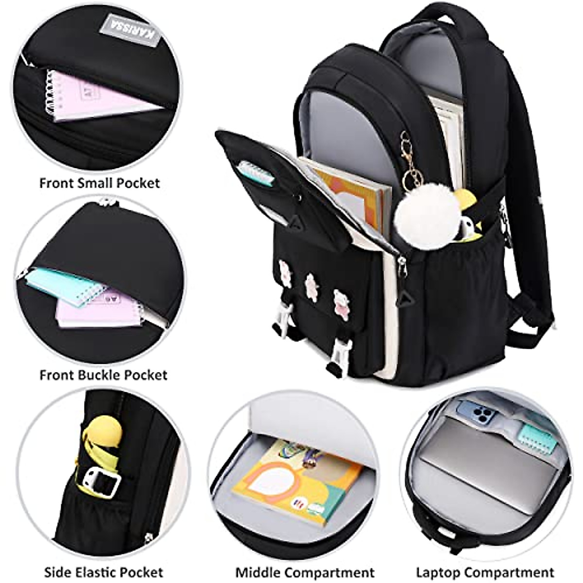 AO ALI VICTORY Backpack for Girls Set with Pencil Case 15.6 Inch Laptop School Bag Cute Kids Elementary College Backpacks Large Bookbags for Women Teens Students Anti Theft Travel Daypack - Black
