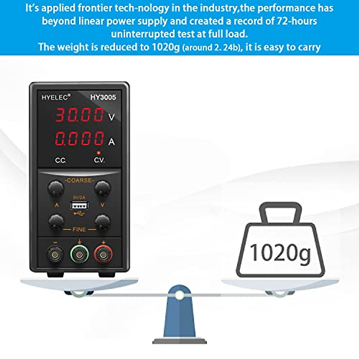 DC Power Supply Variable 30V 5A, Hyelec Switching Power Supply with 5V 2A USB Output, Adjustable Regulated Power Supply with 4-Digits LED Power Display, Alligator Leads Including,110V Input Voltage