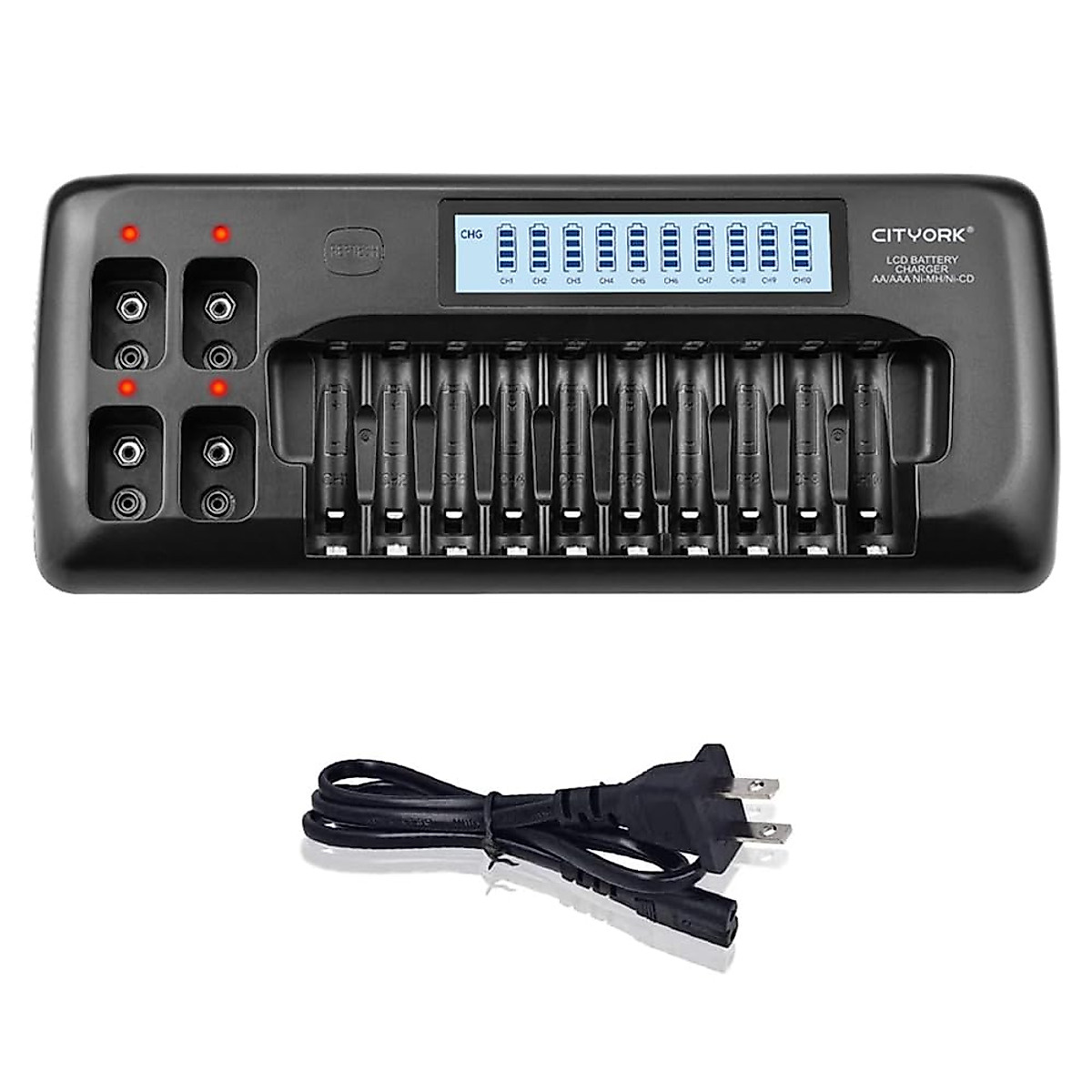 CITYORK 10+4 Bay Smart LCD Universal Battery Charger for Rechargeable AA AAA NIMH/NICD & 9V NIMH/NICD/Lion Rechargeable Batteries, Fast Charging