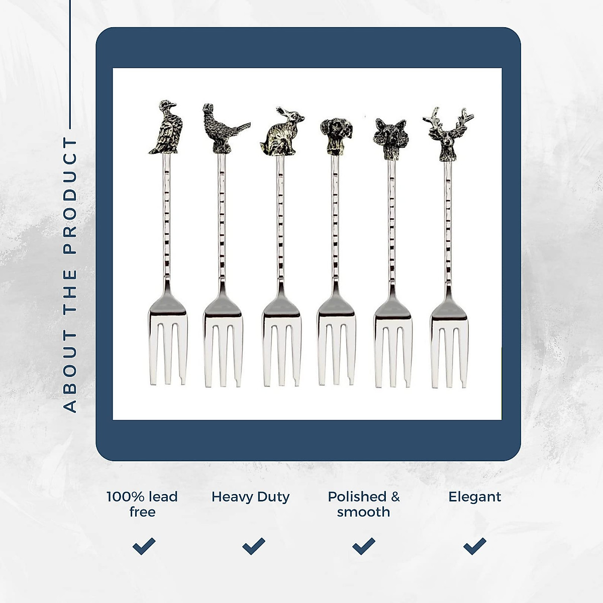 Rigeli Regent White Bronze plated Set of 6 Dessert Forks (Animals Design), Giftpacked 6Pcs Stainless Steel, Cocktail Forks, Small and Fruit Forks for Party, Hotel, Restaurant