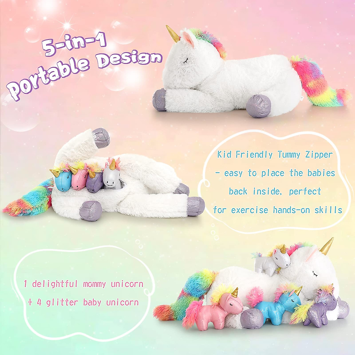 DOLDOA 22'' Unicorn Stuffed Animal for Girls, Mommy Stuffed Unicorn with 4 Baby Unicorns, Cute Plush Unicorn Plush Toy for Kids