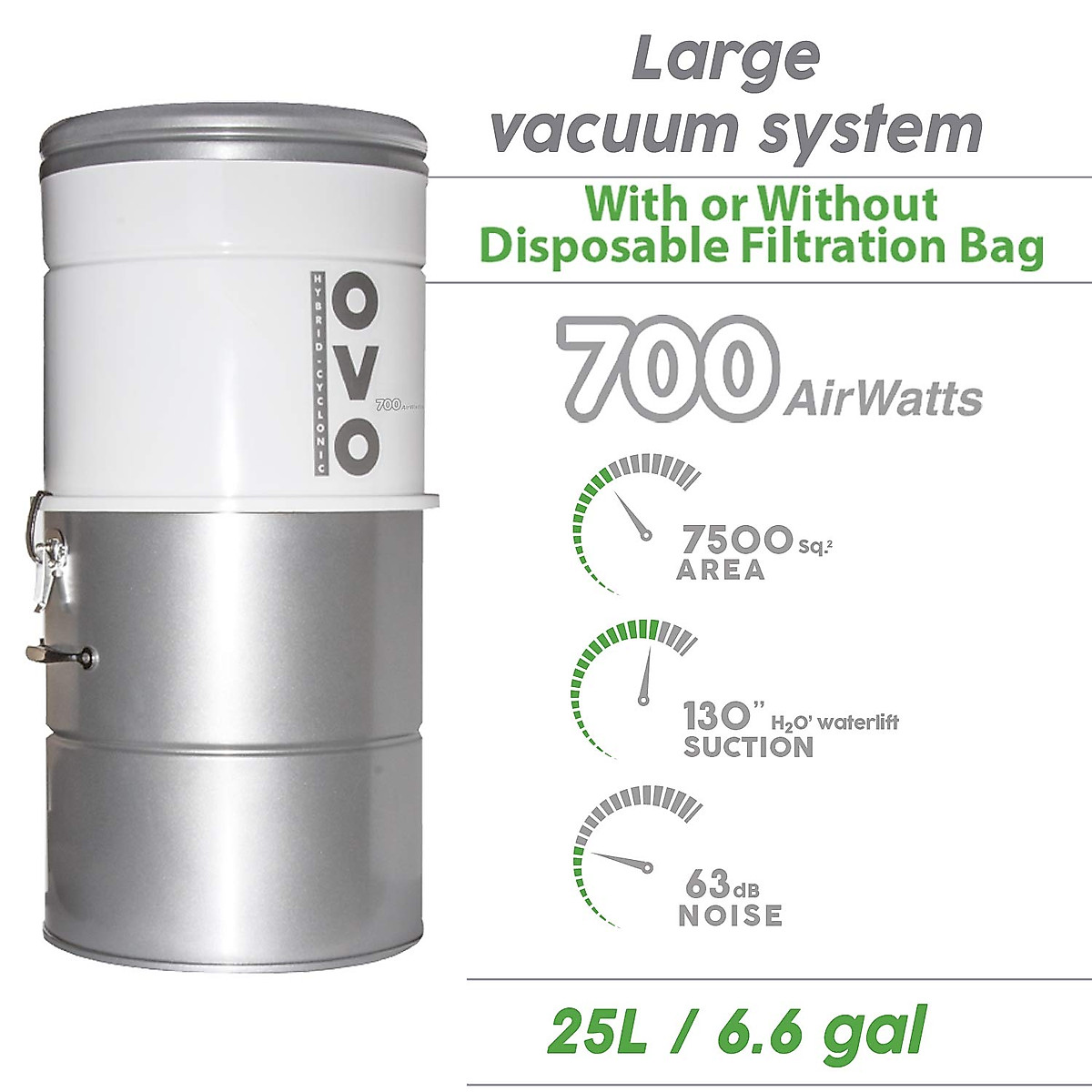 OVO AW Large and Powerful Central Vacuum System, Hybrid Filtration (with or Without Disposable Bags) 25L or 6.6 Gal, 700 Air watts and 40 ft Deluxe Accessory Kit Included, White and Silver
