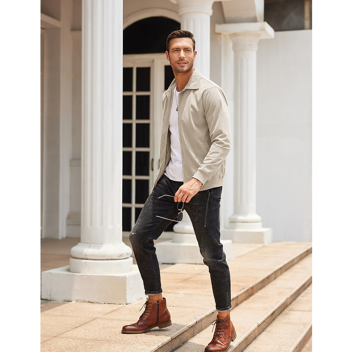 COOFANDY Men's Casual Corduroy Lightweight Jacket Cream Collared Bomber Jacket