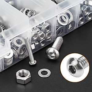 HELIFOUNER 810 Pieces M3 M4 M5 M6 304 Stainless Steel Button Head Socket Cap Metric Screws Bolts, Flat Washers and Nuts Assortment Kit with Hex Wrenches