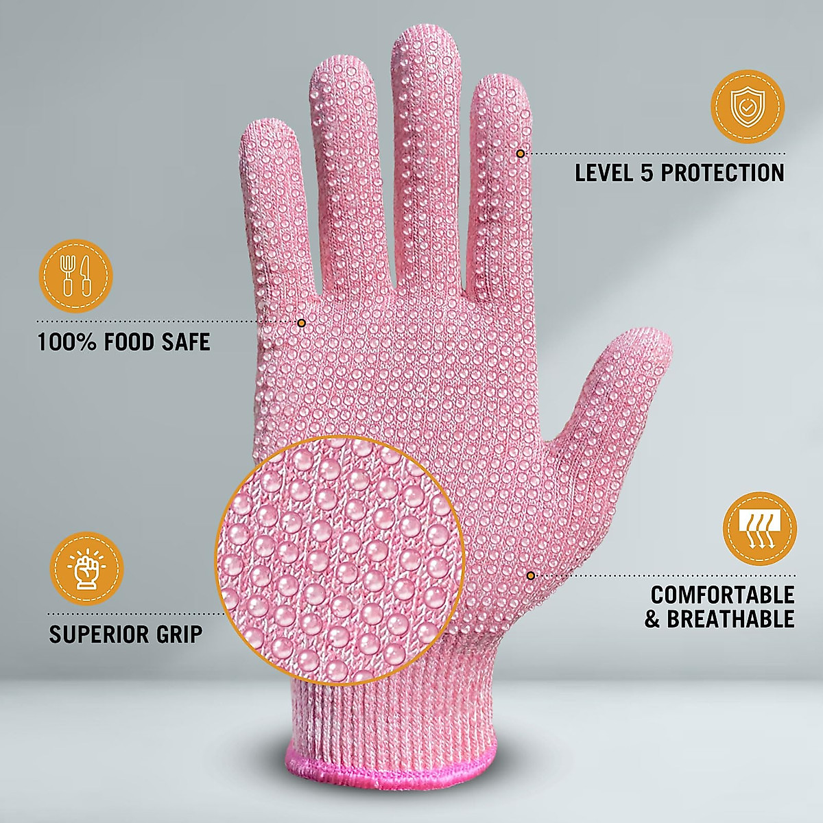 Evridwear 2 Colors 2 Pairs Combo Level 5 Cut Resistant Gloves with Strong Silicone Grip Dots Kitchen Meat cutting Fish Fillet Shucking and Mandolin Slicing Free E-book(M, Pink+Gray)