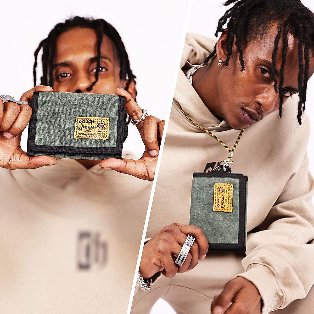 Rough Enough Boys Wallet for Teen Boys Kids Youth with Tactical Keychain Neck Lanyard Carabiner Army Green Canvas