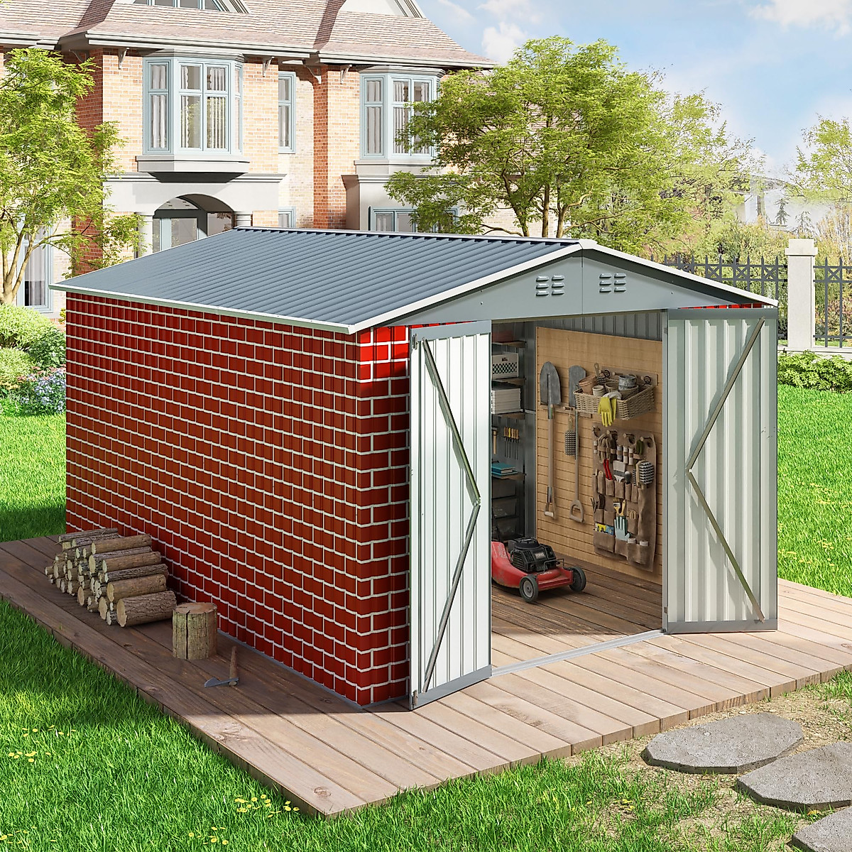 HOGYME 8x12 FT Outdoor Storage Shed, Large Metal Tool Sheds with Updated Frame Structure and Lockable Doors, Garden Shed for Backyard Garden Patio Lawn Red