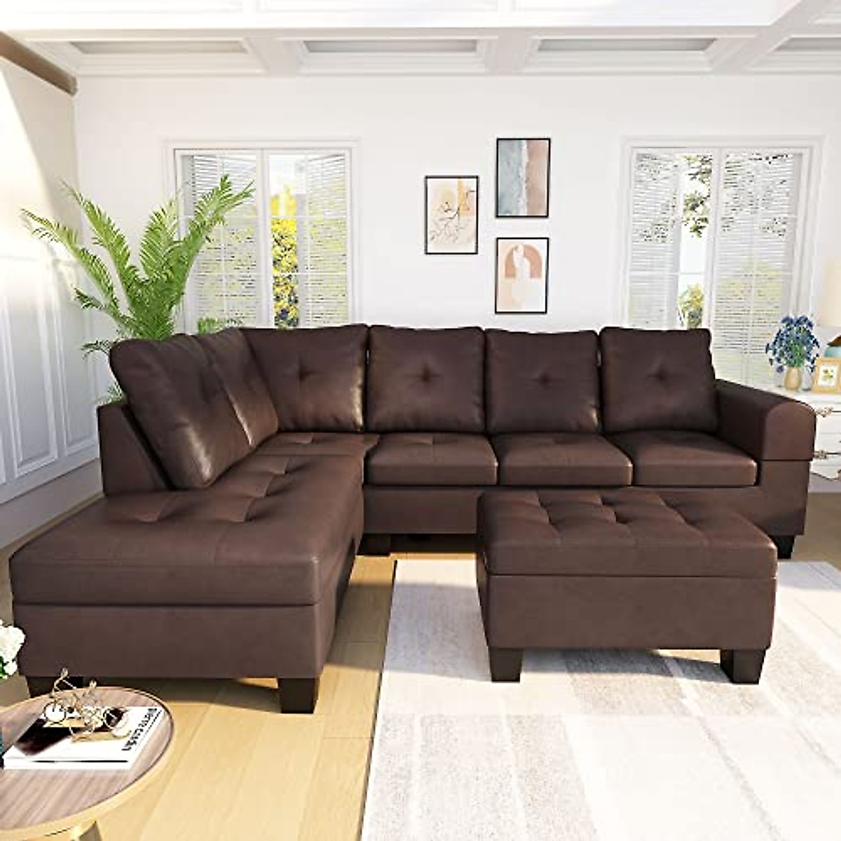 Lamerge Sectional Sofa Couch for Living Room, Modular Sectional Sofa with 6 Seats L Shaped Sofa Set with PU Leather Ottoman, Button Tufted Comfy Living Room Sofa Couch for Small Place