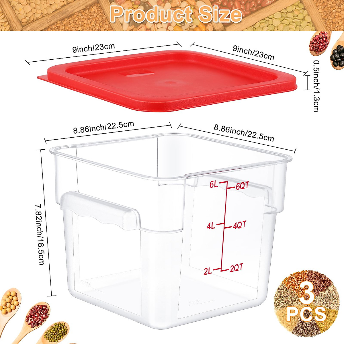 Ziliny 3 Sets 6 Qt Square Food Storage Containers with Lids Commercial Polycarbonate Containers with Scale Clear Airtight Cereal for Pantry Home Restaurant