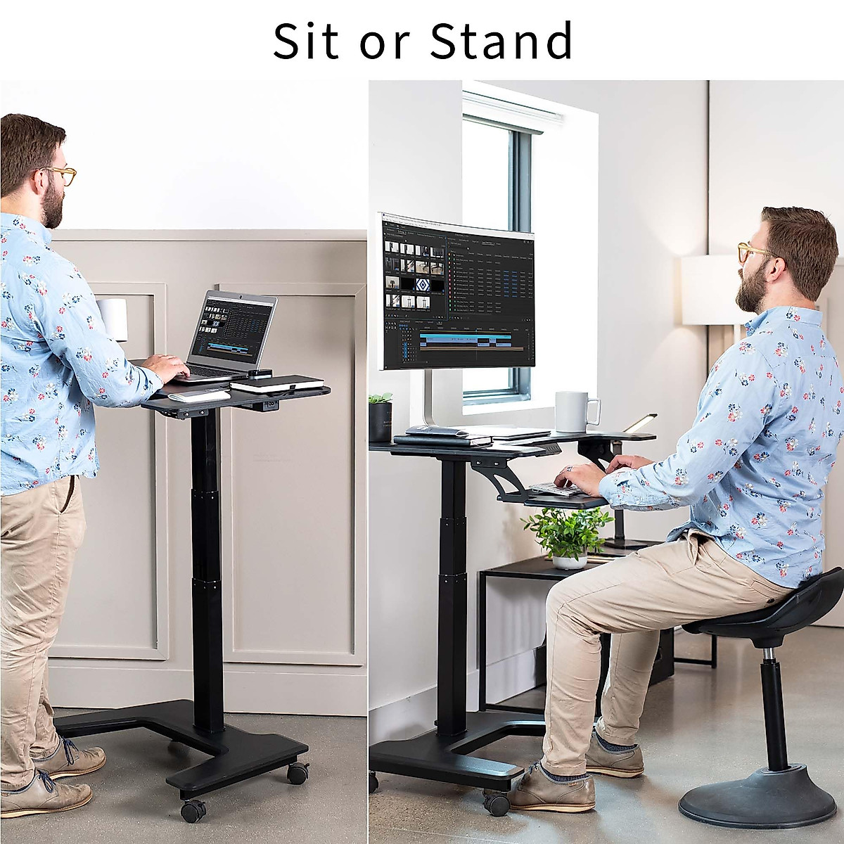 VIVO Black Electric Mobile Height Adjustable 36 inch Dual Platform Standing Desk with Wheels, Rolling Small Space Table, Sit Stand Workstation, DESK-V111VT