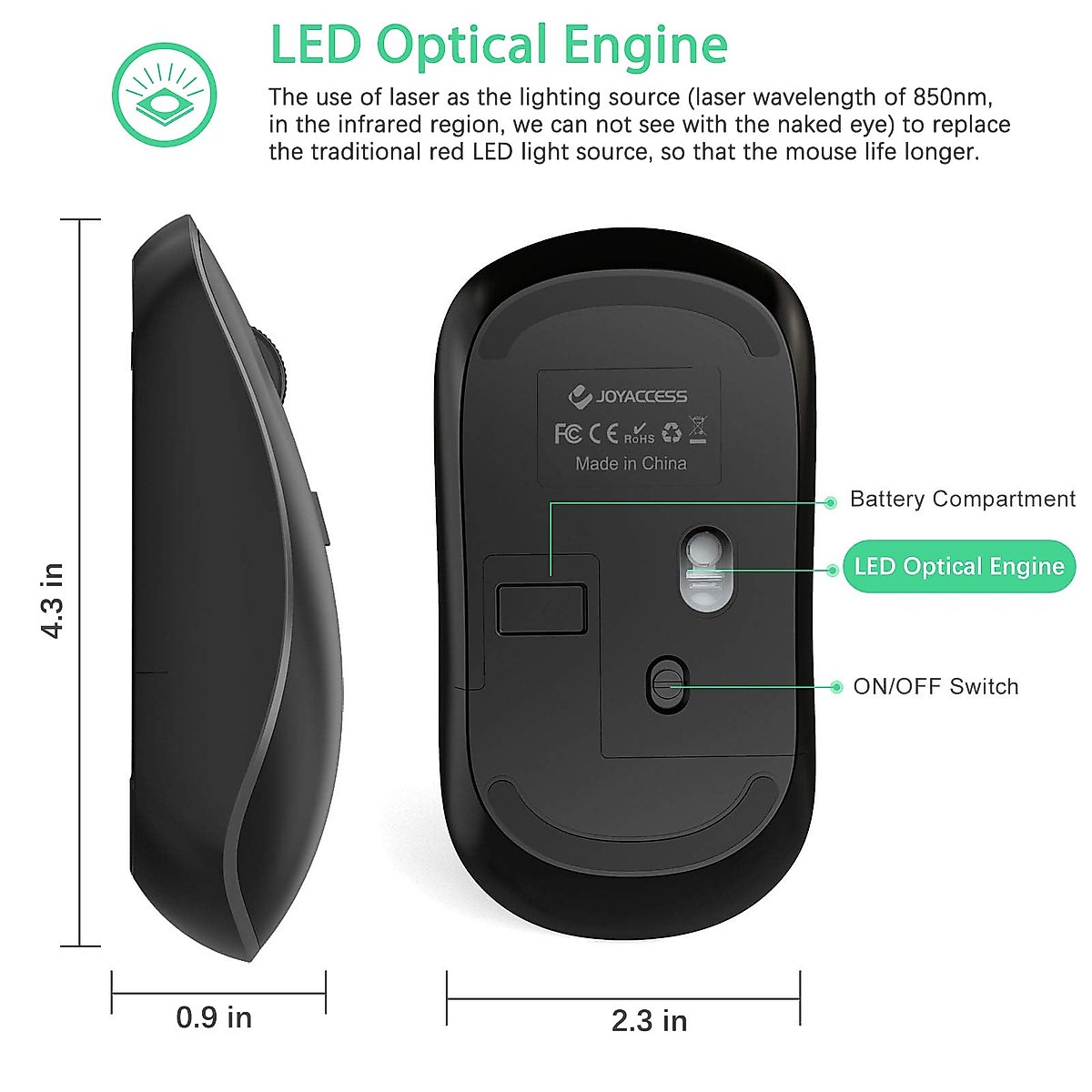 JOYACCESS Wireless Mouse, 2.4G Portable Slim Silent Computer Mouse Wireless with USB Nano Receiver, 2400 DPI, for Notebook, Laptop, PC - Black