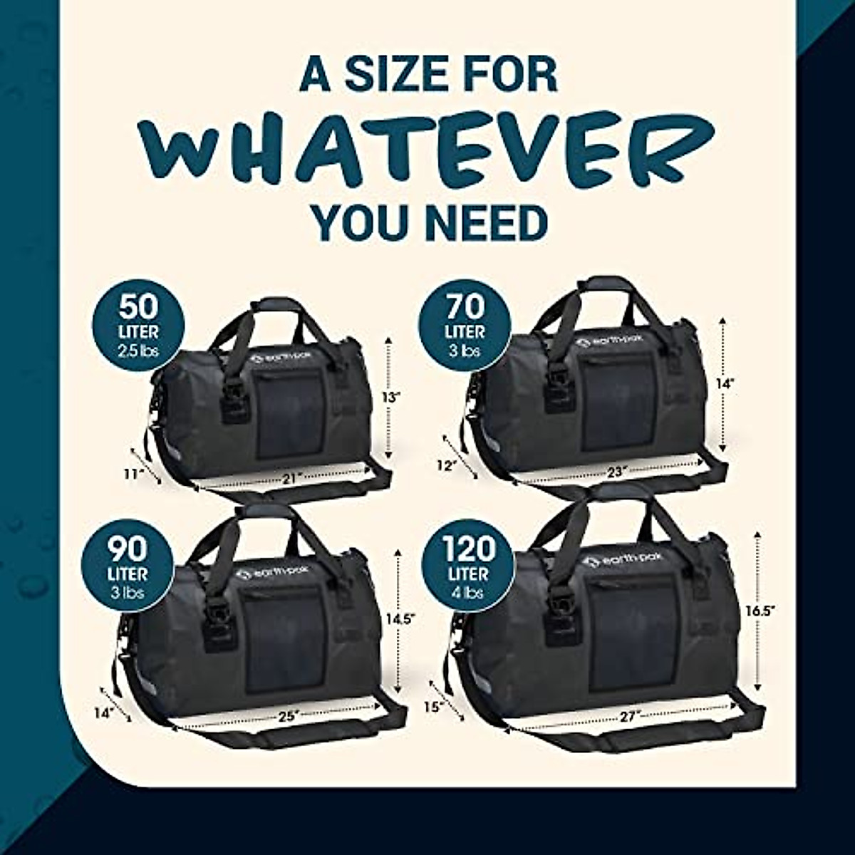 Earth Pak Waterproof Duffel Bag- Perfect for Any Kind of Travel, Lightweight, 50L / 70L / 90L / 120L Sizes - Large Storage Space, Durable Straps and Handles, Heavy Duty Material to Keep Your Gear Dry