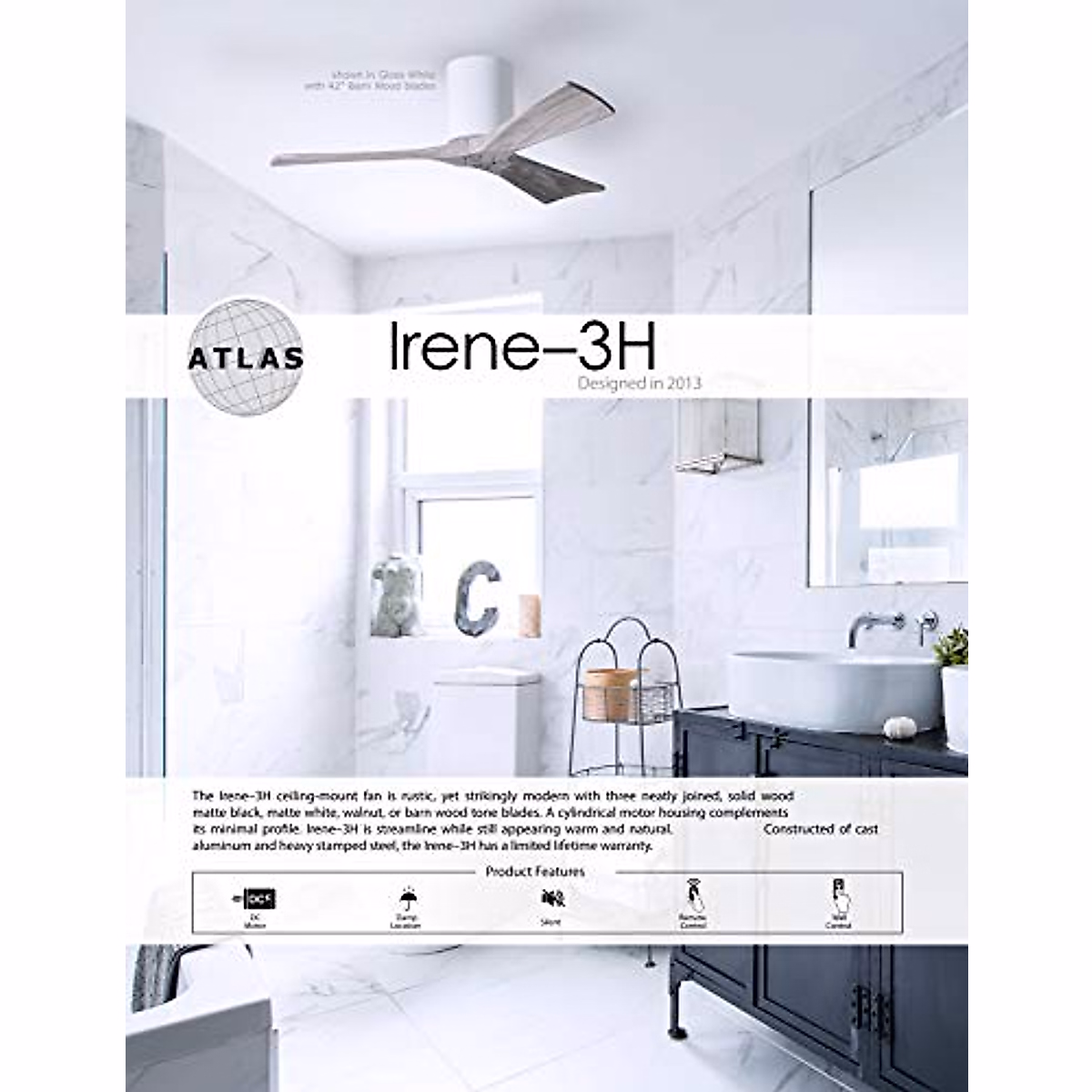 Matthews IR3H-BK-BW-52 Irene Indoor/Outdoor Damp Rated 52" Hugger Ceiling Fan with Remote & Wall Control, Silent DC Motor, 3 Barn Wood Solid Wood Blades, Matte Black