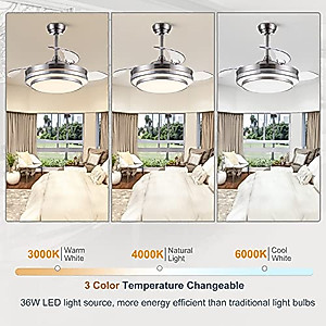 POCHFAN Retractable Ceiling Fan with Lights Remote Control, 42 Inch Modern Ceiling Fan for Bedroom Living Room in 3 Color Changeable,Timer, Noiseless DC Motor, 6 Speed, Brush Nickel, LED Ceiling Fans