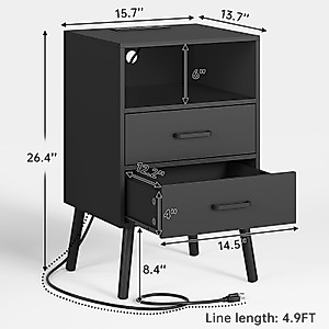 Diliplain Nightstand with Charging Station, Black Night Stand with LED Lights, Modern Side Table with Drawers and Open Shelf, End Table with Solid Wood Legs for Bedroom