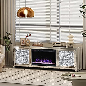 ENENE Mirrored TV Stand with Fireplace-10 Colors Changing Crystal Electric Fireplace tv Stand for 65 inch TV Electric Fireplace Entertainment Center for Living Room (Remote Control & 3D Flame)