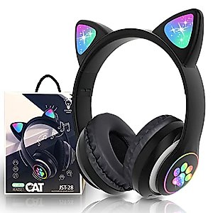 KERHAND Bluetooth Headphones for Kids, Cute Ear Cat Ear LED Light Up Foldable Headphones Stereo Over Ear with Microphone/TF Card Wireless Headphone for iPhone/iPad/Smartphone/Laptop/PC/TV (Black)