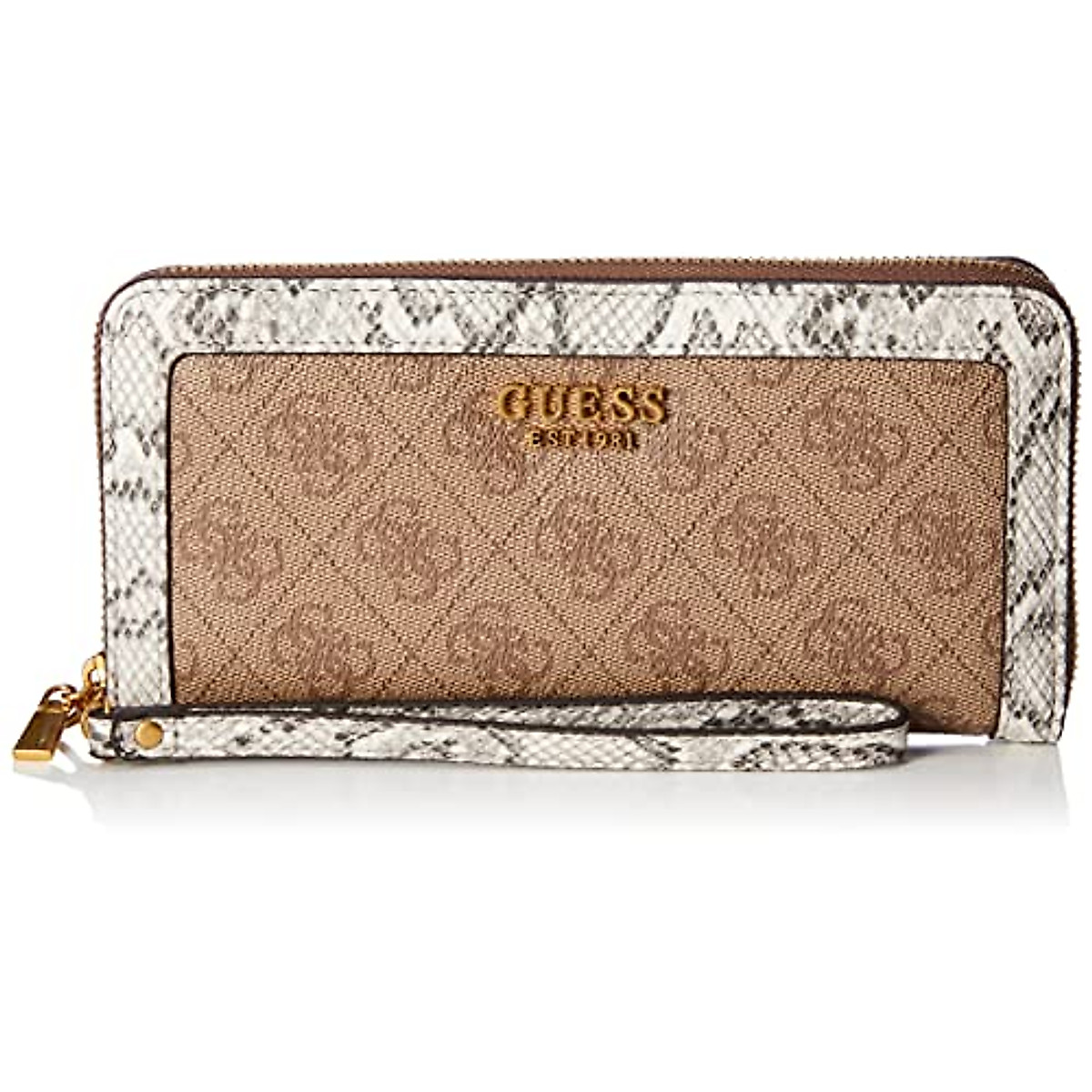 GUESS womens Zadie Logo Large Zip Around Wallet, Latte Logo Python, one size US