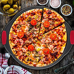 VDGPWA 12 Inch Non-Stick Pizza Tray-With Silicone Handle,Carbon Steel Without Hole and With Hole Pizza Tray,Round Pizza Bakeware Crisper Pan for Home Baking,Kitchen,Restaurant Oven (2 Pack)
