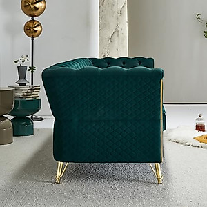 Tmsan 87.4" Velvet Sofa Couch, Mid-Century Modern Chesterfield Loveseat Classic Button Tufted 2 Seater Couch with Golden Legs for Living Room Office Bedroom (Emerald)