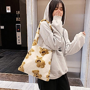 Plush Bear Bags For Women, Girls Tote Fluffy Plush Shoulder Bags Faux Fur Clutch Purses (White)