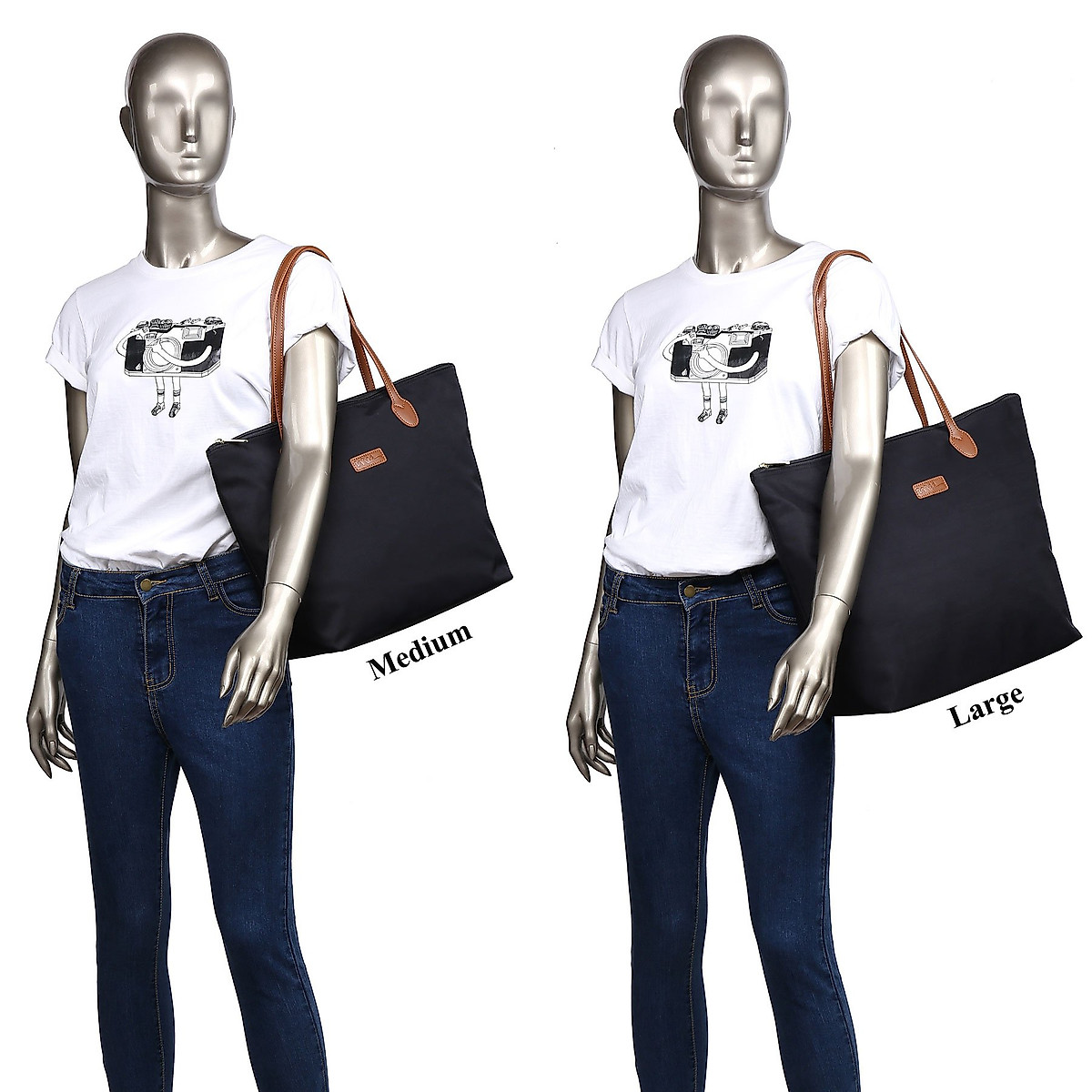 NNEE Water Resistant Light Weight Nylon Tote Bag Handbag - Large Size, Black