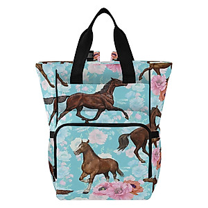 Vnurnrn Baby Diaper Bag Backpack, Portable Baby Bag for Boys Girls, Large Multifunction Travel Baby Changing Bag with Stroller Straps and Insulated Pockets, Running Horse and Flowers