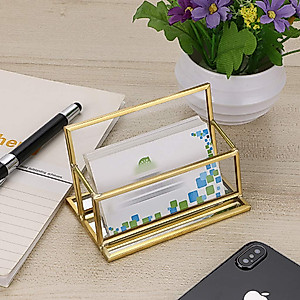 Hipiwe Glass Business Card Holder Stand - Vintage Gold Metal Name Card Display Stand Office Desktop Countertop Business Card Organizer