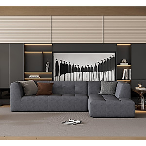 GoDoco L-Shape Modular High Density Foam Sponge Floor Sofa Couch, Upholstered Cloud Couch with Recliner、 Sectional Corner Sofa with Flexible Combinations (Dark Grey+Chenille, Style A)