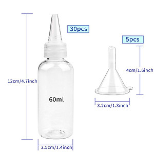 Oopsu 30 Pack Plastic Bottle Pointed Mouth Top Cap with 2 Funnels for Shampoo,Lotions,Liquid Body Soap,Cream (2 oz)