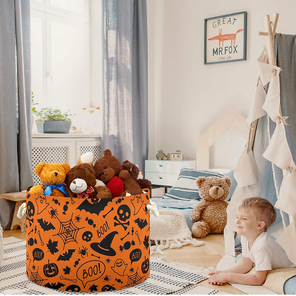 visesunny Storage Basket Halloween Orange Festive with Pumpkin Skull Bat SpiderNursery Hamper Canvas Fabric Toy Storage Organizer Bin Storage Box Laundry Basket for Kid Room,Playroom