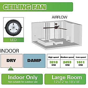 hykolity 44 inch Flush Mount Ceiling Fan with LED Lights(3000K/4000K/6000K) Pull Chain, Noiseless Reversible Motor, Low Profile Ceiling Fan, 3 Speed, ETL Listed, Black
