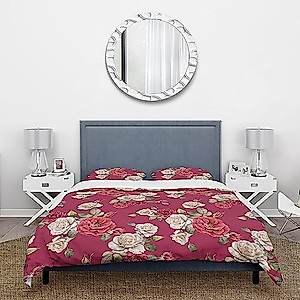 DESIGN ART Designart 'White Roses Pattern On Red Background' Traditional Duvet Cover Set Full - Queen