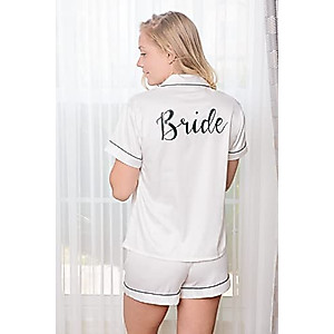Personalized Bridal Bridesmaid Pajama Set For Women With Eye Mask and Scrunchie Short Sleeve Satin Silk Customize Monogram Wedding Party and Gifts (White, Small)