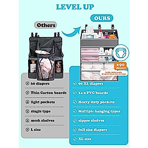 PHOTOONE Hanging Diaper Caddy Organizer - Crib Organizer–Spacious Baby Girl/Boy Diaper Organizer for Changing Table, Playpen, Wall- Hold 90+ Diapers- Nursery Baby Essentials Storage for Newborn, Gray