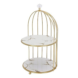 Syrisora Double Layer Storage Shelf Bird Cage Organizer Display Rack for Bathroom Countertop Dressing Table Gold Frame (White Base Gold Pattern)