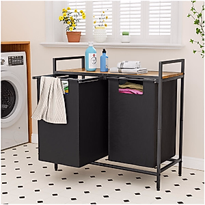Laundry Basket Organizer - Laundry Hamper, Laundry Sorter with 2 Pull-Out and Removable Bags, Dirty Clothes Hamper Organizer for Laundry Room Bathroom and Dorm, 2 x 12.1 Gallons (46L) Brown and Black
