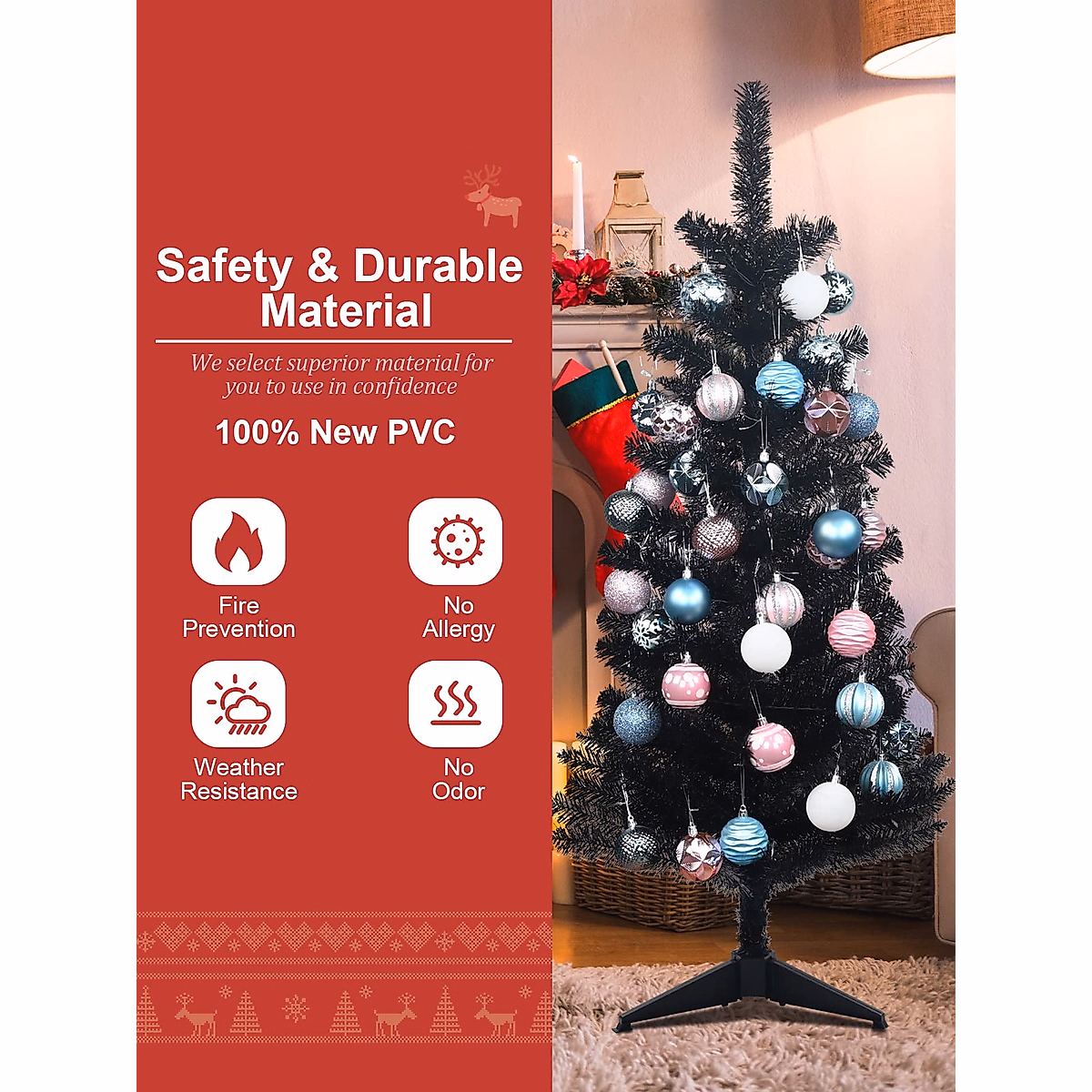 Kadunmina 4FT Artificial Christmas Tree with Stand Black Halloween Tree Small Xmas Tree with 122 Branch Tips for Indoor and Outdoor