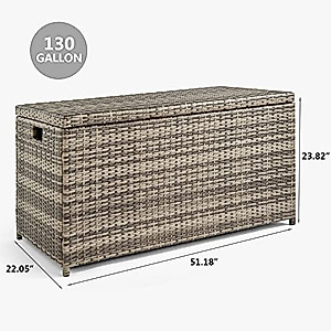 COSVALVE 130 Gallon Deck Box, Wicker Rattan Outdoor Storage Box, Patio Garden Furniture Container with Waterproof Cover for Outdoor Cushions & Pillows, Pool Toys, Garden Tools, Sports Equipment Supplies (Grey)
