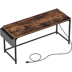 Rolanstar Computer Desk with Power Outlet, 63” Home Office PC Desk with USB Ports Charging Station, Desktop Table with Side Storage Bag and Iron Hooks, Stable Metal Frame Workstation, Rustic Brown