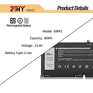 ZTHY 86Wh 69KF2 Battery Replacement for Dell G7 15 7500 G15 5510 5511 5515 5520 5521 XPS 15 9500 9510 9520 Precision 5550 5560 5570 Alienware M15 R3 R4 M17 R3 R4 Inspiron 7510 7610 7620 P87F P91F P45E