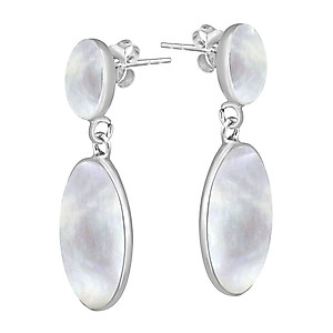 Classy Oval White Mother of Pearl Inlay .925 Sterling Silver Post Drop Dangle Earrings, 0.55x1.34 inch | Elegant Earrings | Pearl Fashion for Women